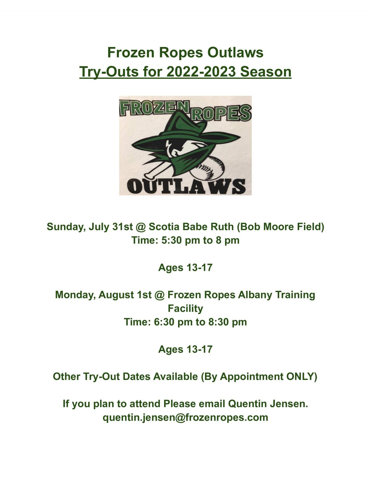 Frozen Ropes Outlaws Baseball Try-Outs for 2022-2023 Season - Frozen ...