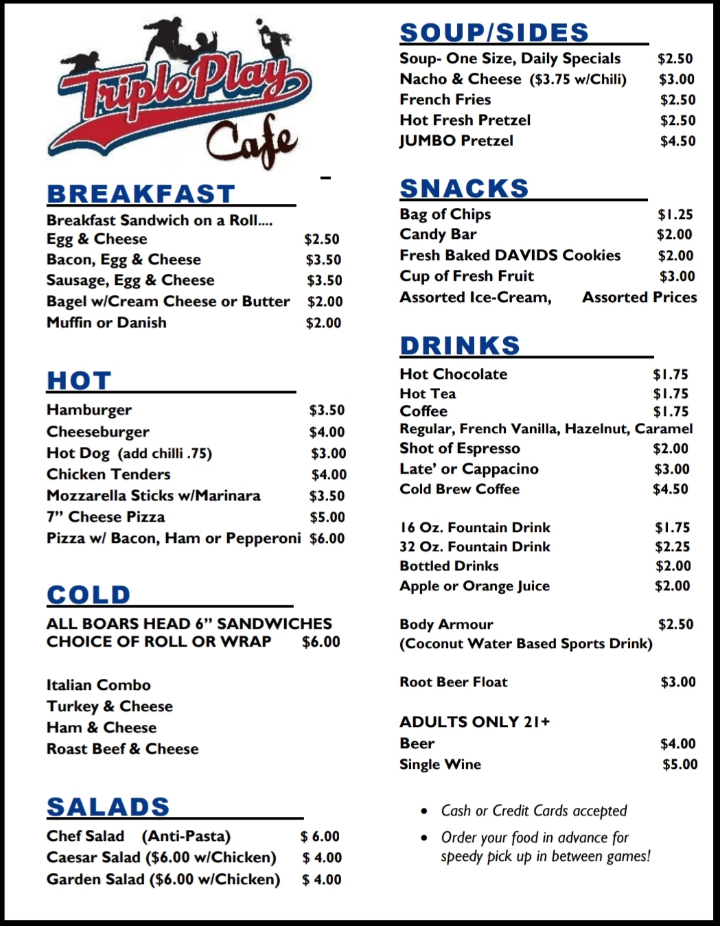 Triple Play Cafe Menu March 2019 - Frozen Ropes Chester, NY