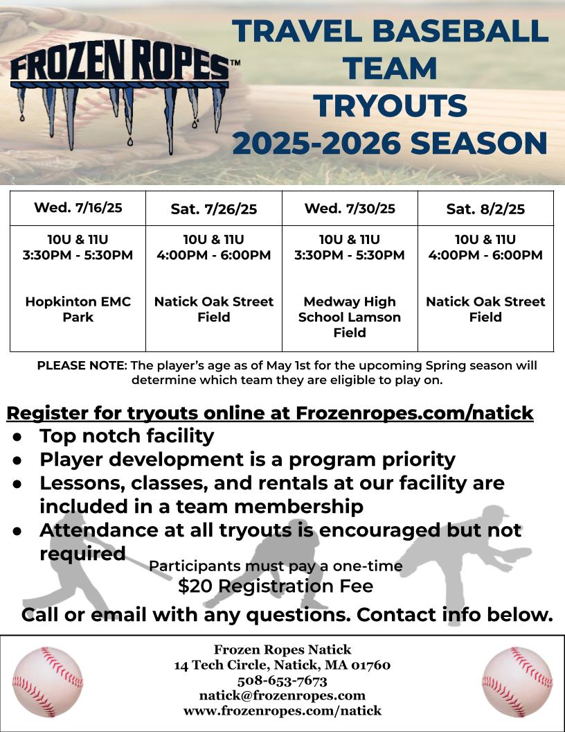 2025-26 Travel Baseball Tryouts Flyer - Frozen Ropes Natick, MA