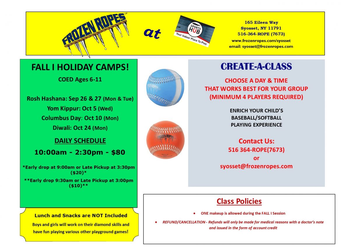 Fall I 2022 SOE updated camp sked prices - Frozen Ropes Syosset, NY